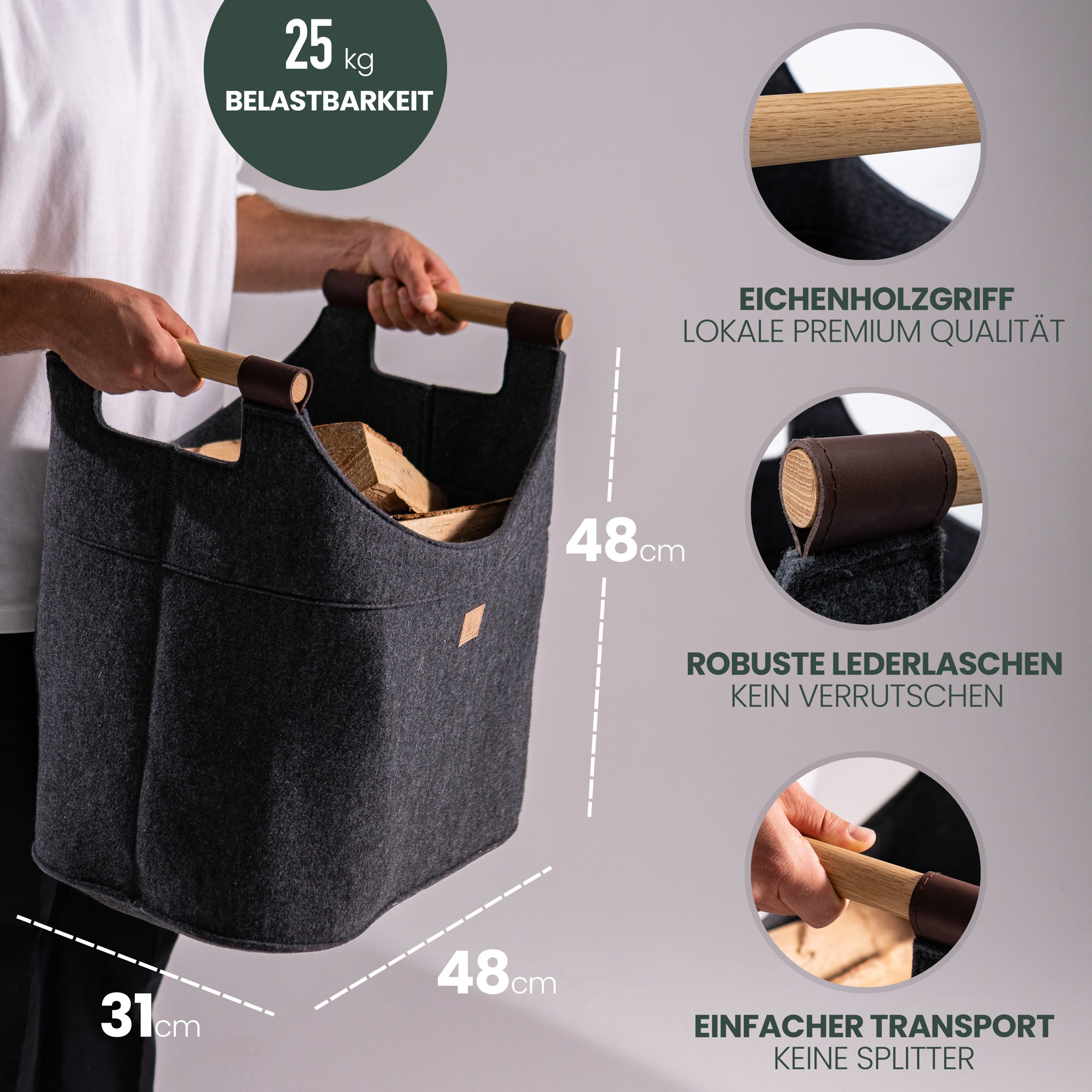 Holzkorb für Kaminholz Filz mit Echtholzhenkeln - Made in Germany ...